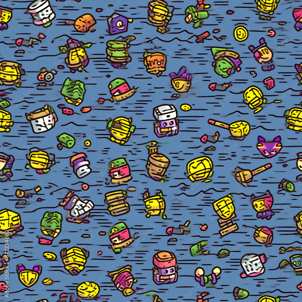 Seamless pixel art pattern of retro arcade game elements, featuring ...