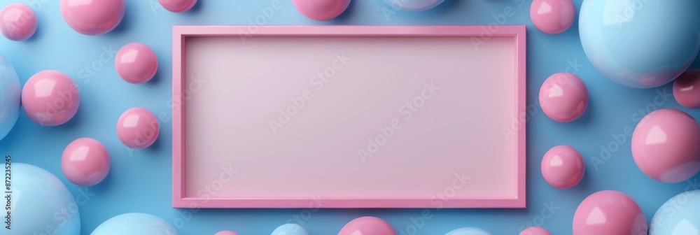 Blue balls background with pink frame and white screen for text, top ...