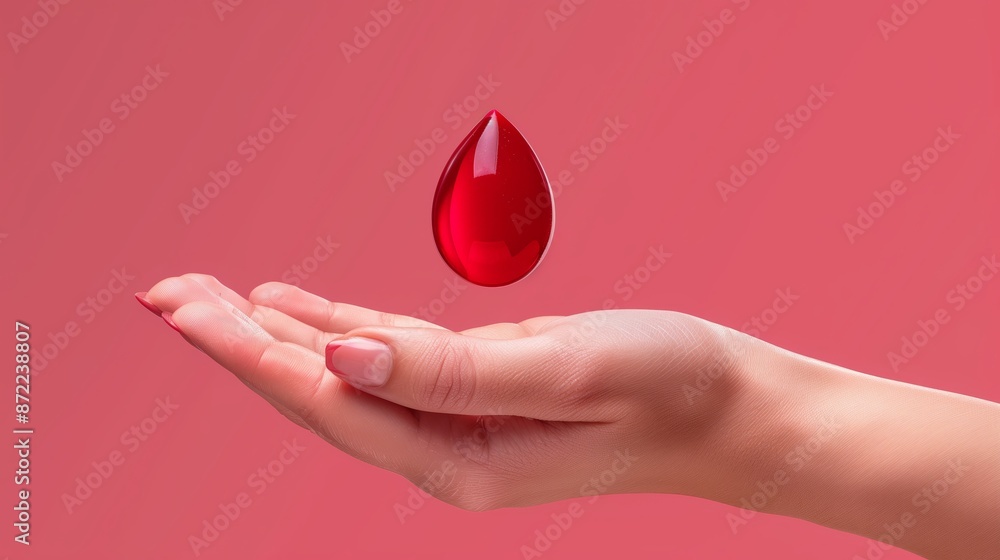 Hand holding blood drop on pink background, give blood donation, blood ...