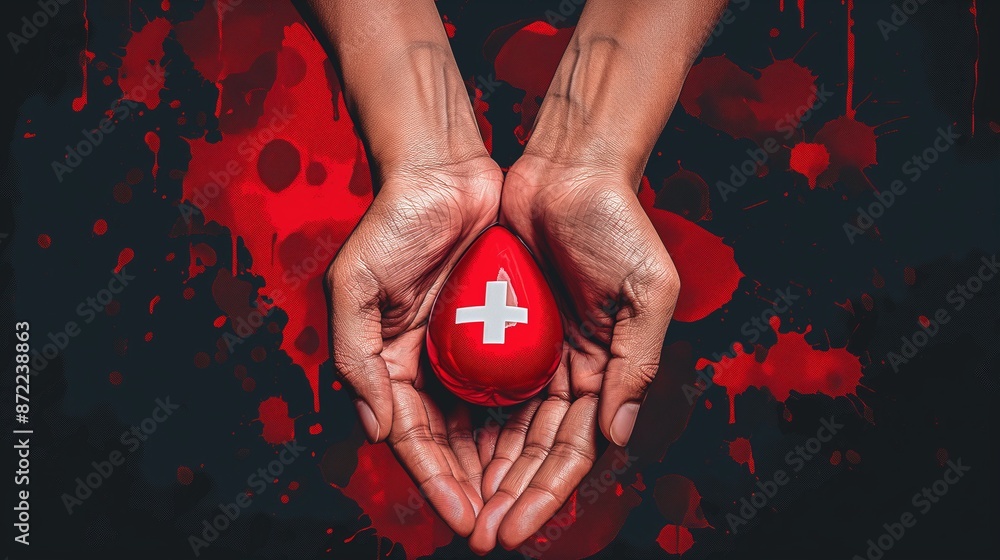 Hands holding blood drop with plus sign healthcare medical icon, give ...