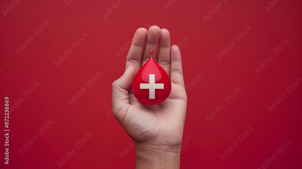 Hand holding blood drop with plus sign healthcare medical icon, give ...