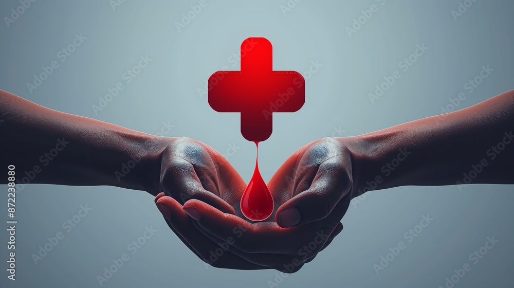 Hands holding blood in a plus shape, give blood donation, blood ...