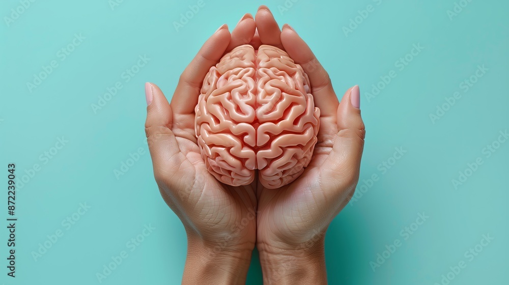 Hands holding human brain on blue background, autism, Stroke, Epilepsy ...
