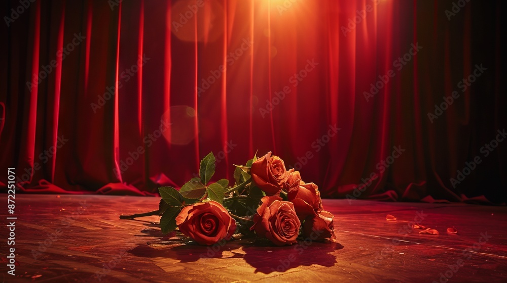 Roses on stage. A bouquet of red roses lies on the stage floor ...