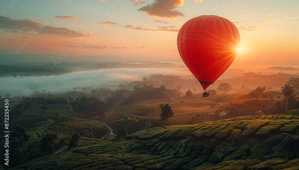 Close-up view of a hot air balloon flying over the tea plantations of ...