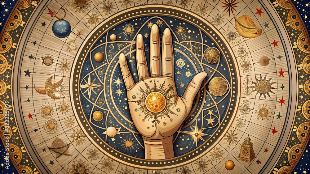 Palmistry map on open palm with signs of the planets. Vector hand-drawn ...