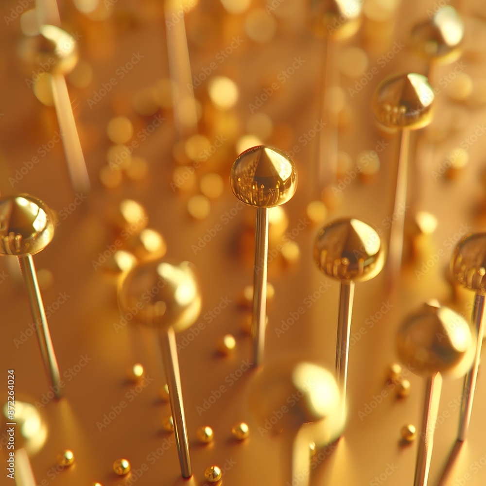 A set of golden push pins scattered across a gold background. The shp ...