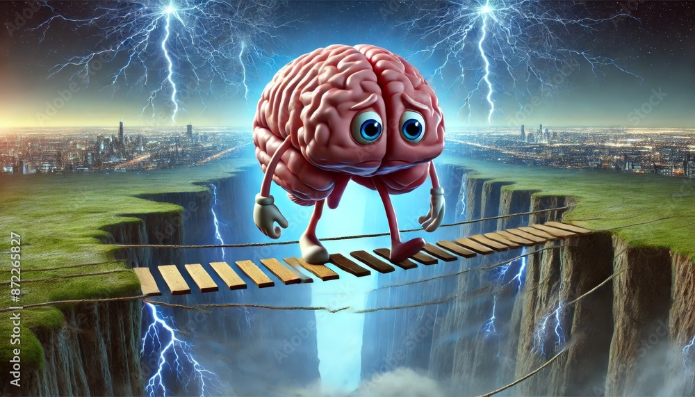 A cartoon brain character with large eyes and limbs cautiously walks on ...