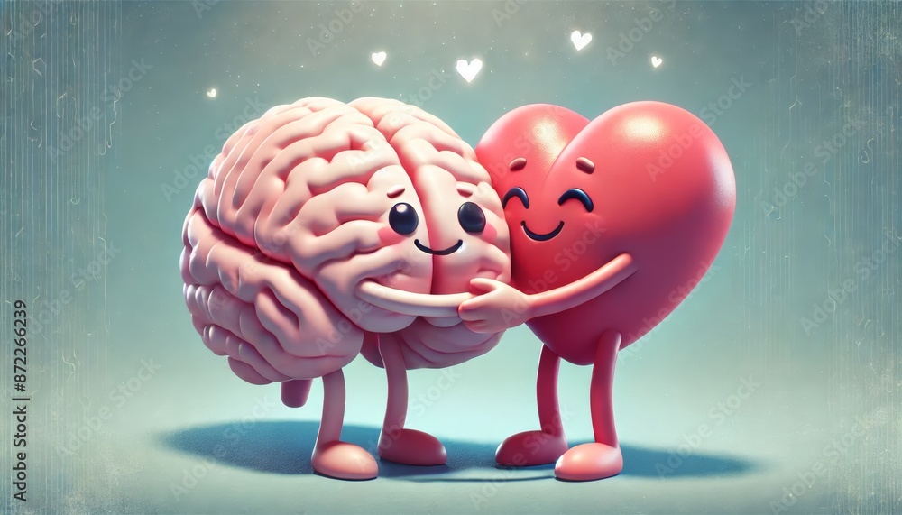 Animated brain character hugging a heart character with smiling faces ...