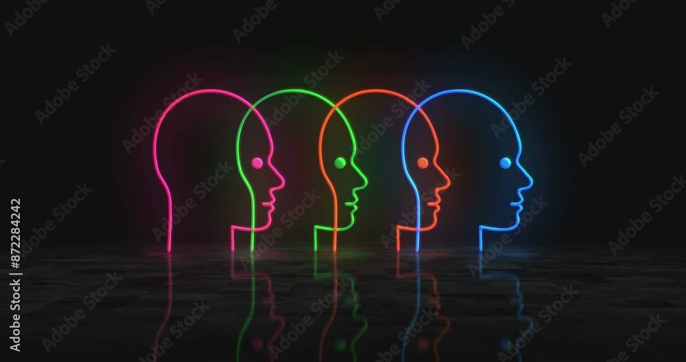 Artificial intelligence head neon glowing symbol. Light color bulbs. AI ...
