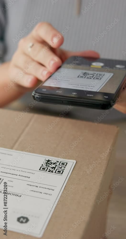 Hands, smartphone and box for shipping, label or package in ecommerce ...