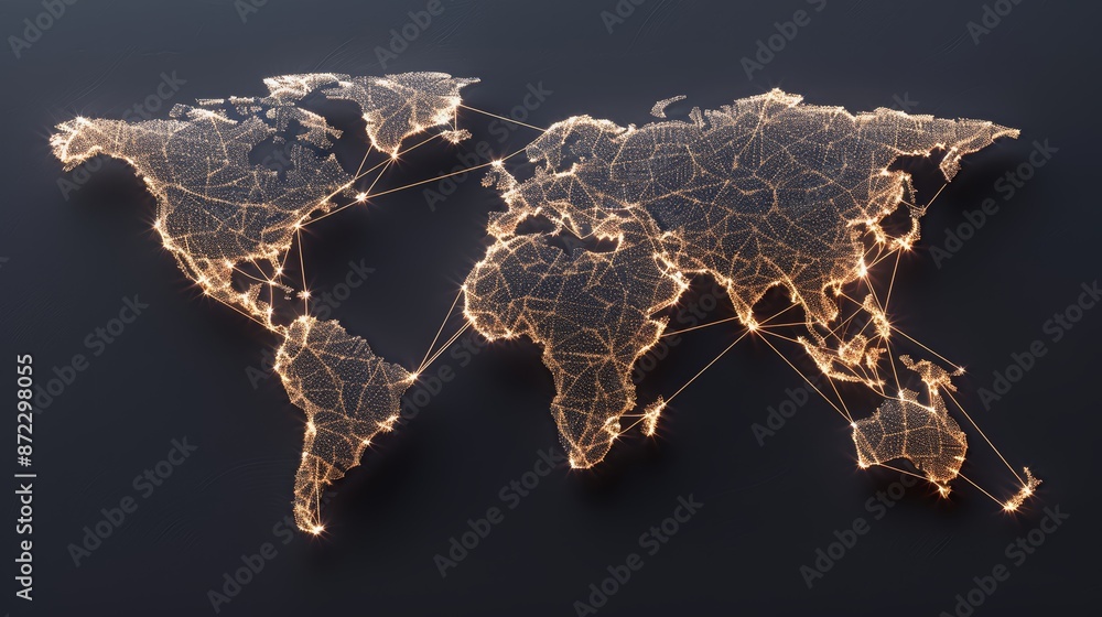 An intricate network of international trade routes on a world map ...