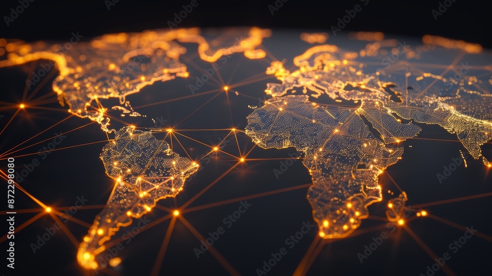 An intricate network of international trade routes on a world map ...