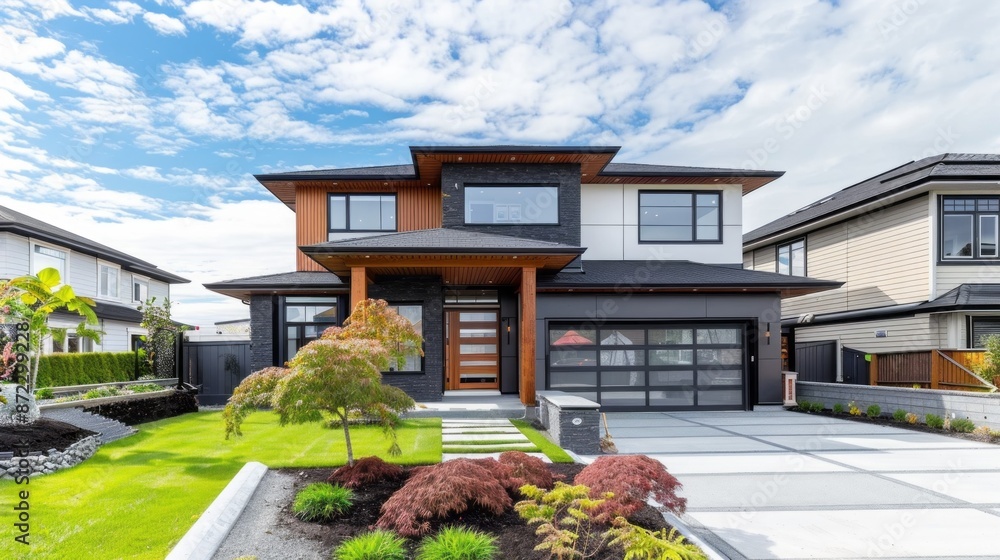 This image features a modern two-story home with a landscaped yard and ...