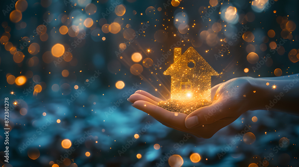 Enchanting digital artwork of a hand gently holding a house-shaped ...