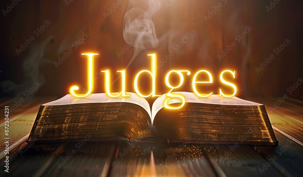 The text "Judges", golden glowing letters, open bible with the word ...