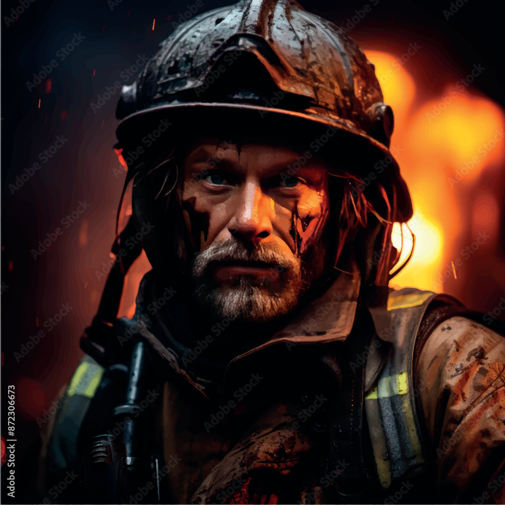 Fire rescuer in a helmet portrait. Portrait of a spatler in smoke and ...
