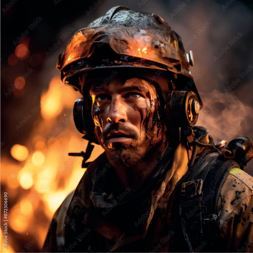 Fire rescuer in a helmet portrait. Portrait of a spatler in smoke and ...