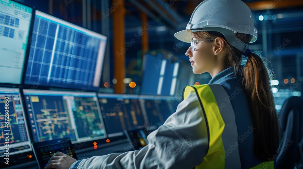 Engineer monitoring solar power plant performance on multiple screens ...