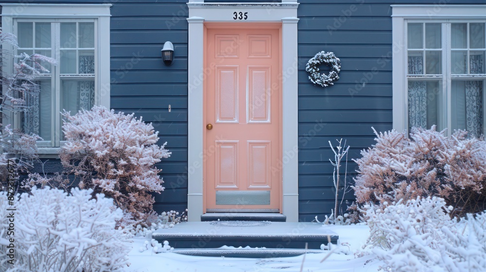 pastel peach door with classic Victorian styling on a navy blue house ...