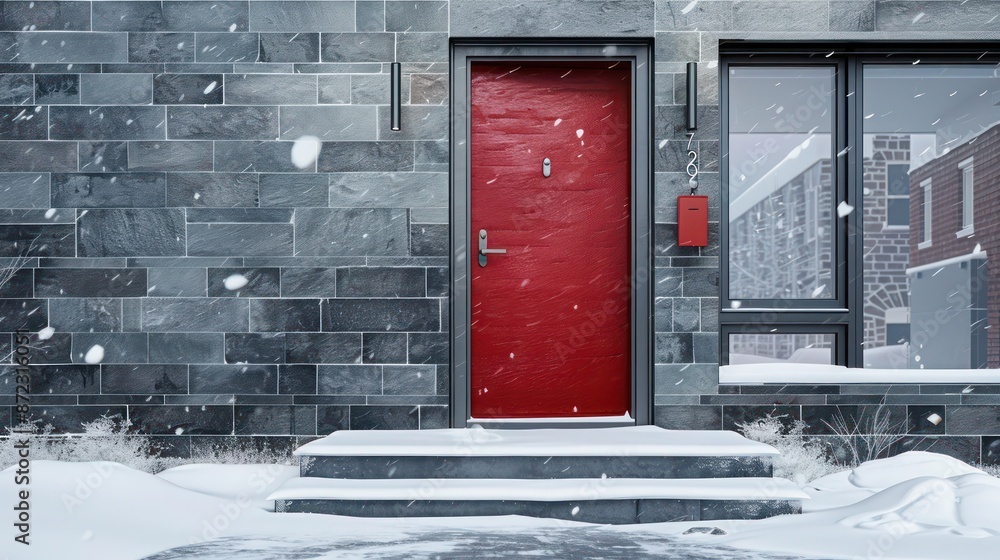 rich ruby red door with a satin finish on a minimalist slate house ...
