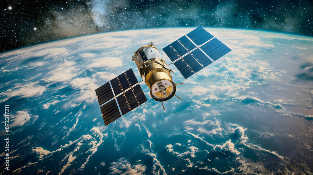 Satellite station with solar panels floating in space above blue round ...