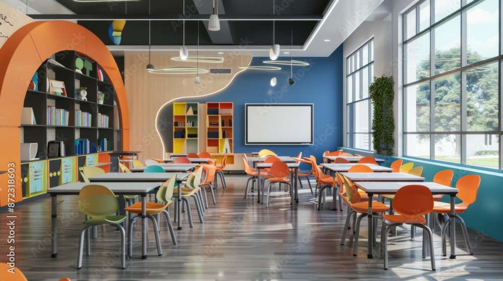 An innovative classroom featuring bright decor, colorful chairs, and ...