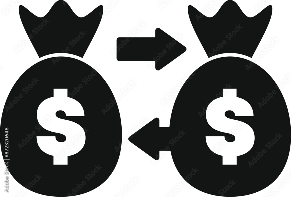 This simple icon shows two money bags with dollar signs and arrows ...