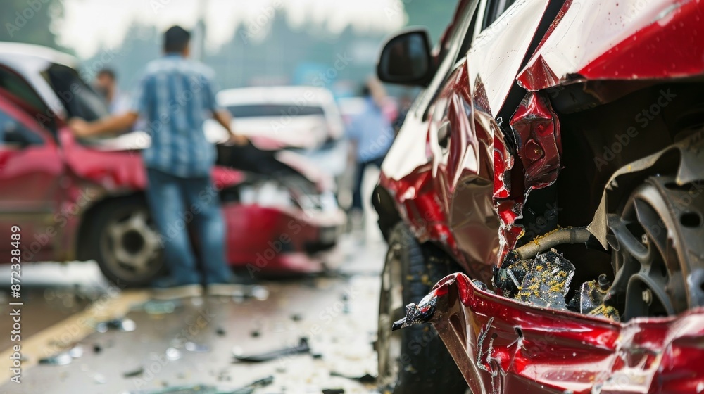Severe car accident scene with multiple vehicles, including a heavily ...