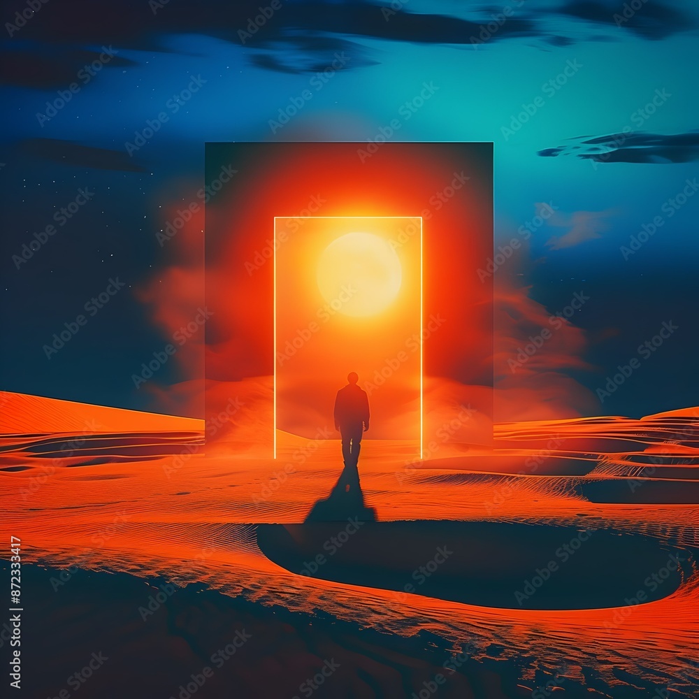 A man stands on the desert, blue stormy night sky, in a pose as if legs ...