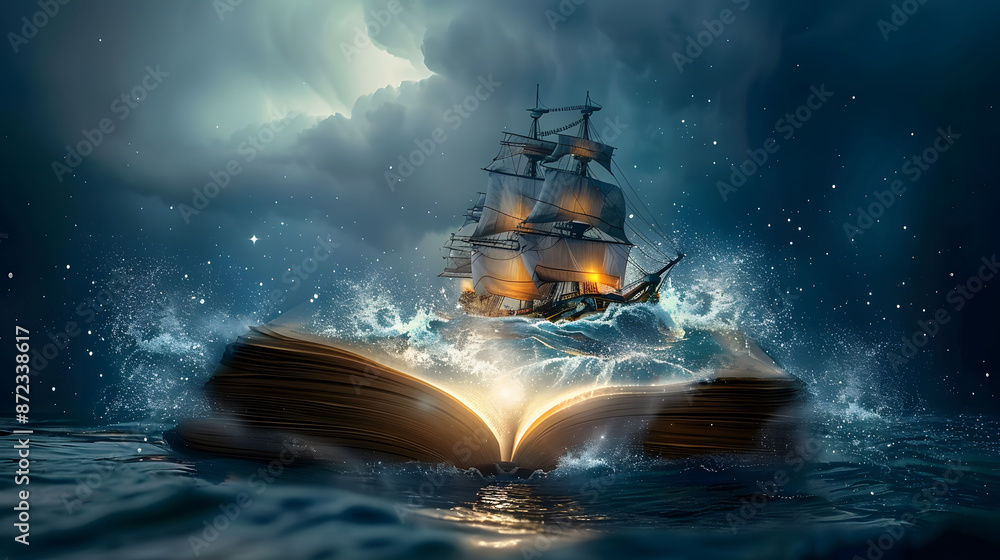 big ship sailing in raging ocean, stormy weather, enchanted magic ...
