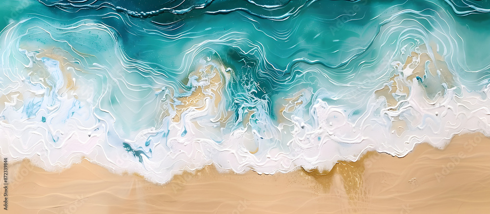 A top down view of an epoxy resin drawing depicting a sandy beach and ...