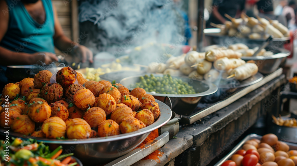 Vibrant street food market with a variety of colorful dishes, steaming ...