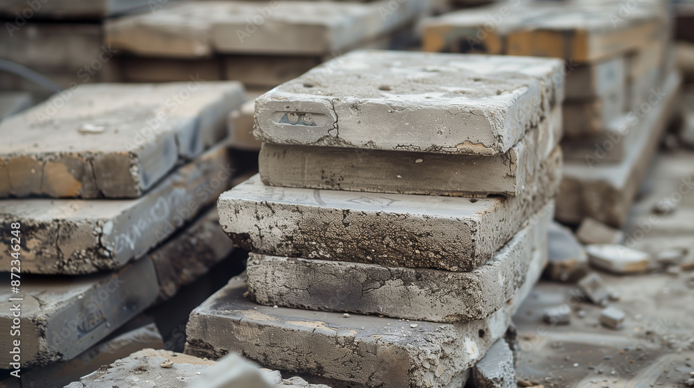 Stacks of weathered concrete slabs in an outdoor construction site ...