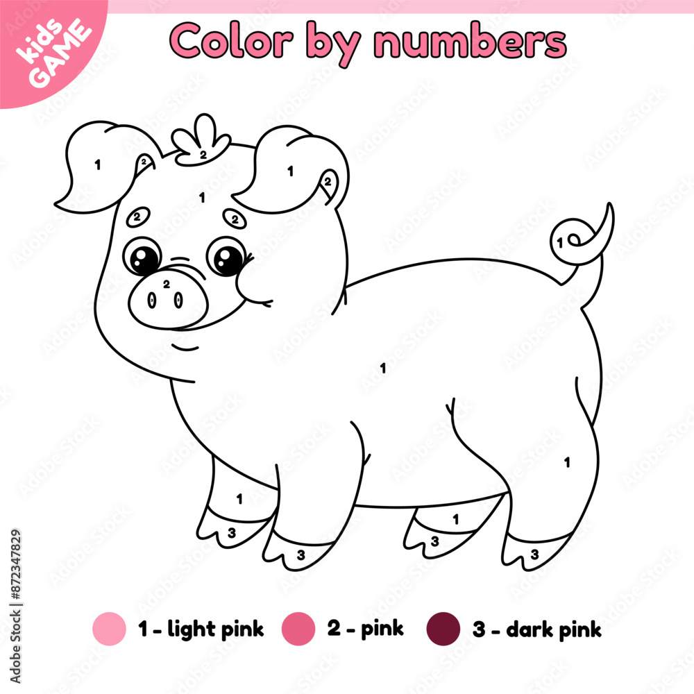 Kids game Color by numbers with cartoon farm pig. Page of the coloring ...
