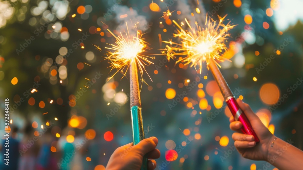 Two hands holding sparklers that light up the surrounding area with ...