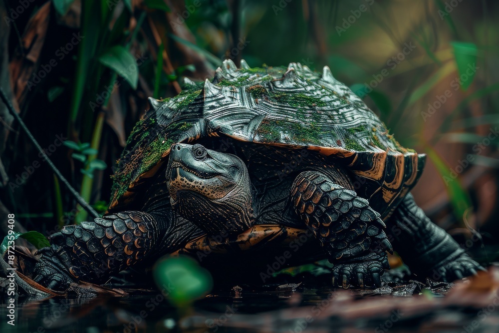 Full body view of Alligator Snapping Turtle in natural habitat, full ...