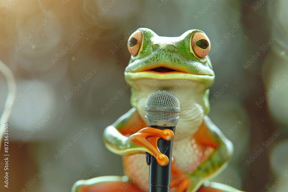 An animated frog, holding a microphone with one hand, appears to be ...