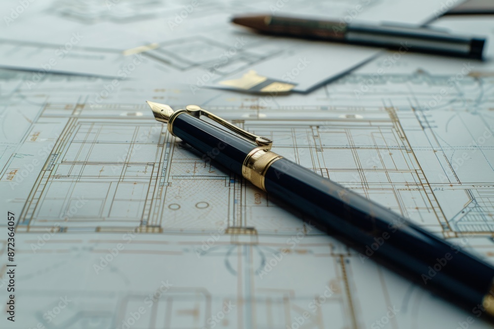 architectural plans and blueprints with fountain pen on construction ...