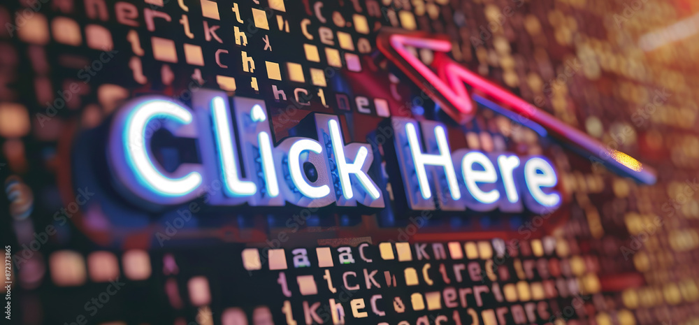 Neon 'Click Here' sign with digital code background Stock Illustration ...