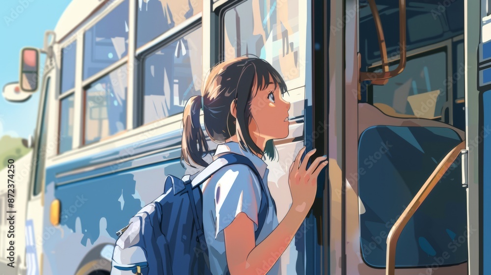 An animated scene showing a student with a backpack boarding a school ...