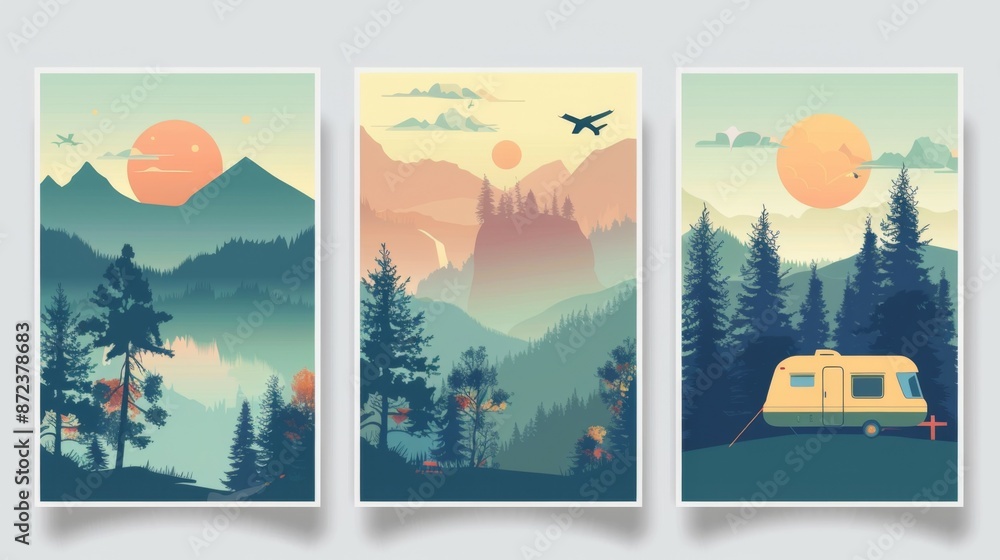 Three artistic posters portray breathtaking scenic landscapes with ...