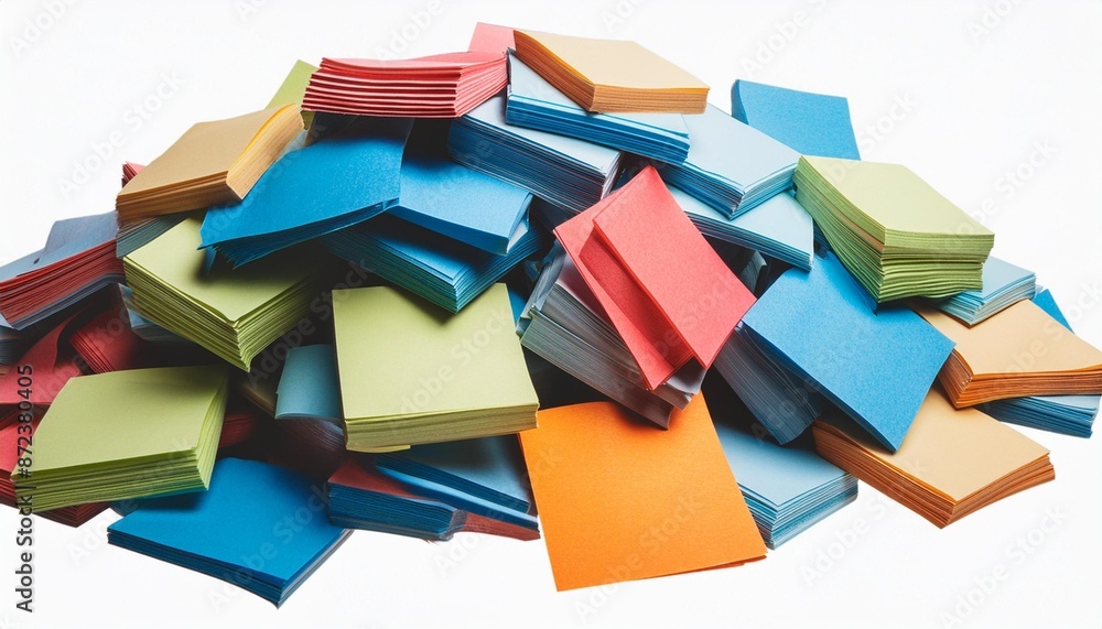 untidy pile various colors blue square sticky post it note isolated ...