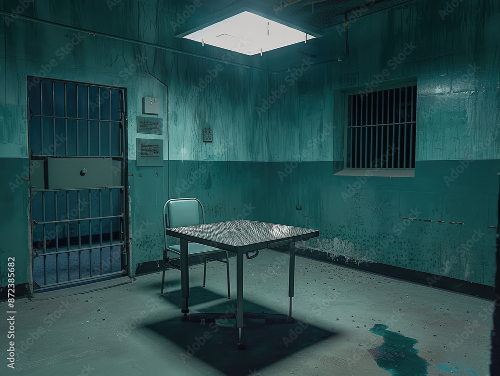 In a stark, dimly lit interrogation room with metal walls, a solitary ...