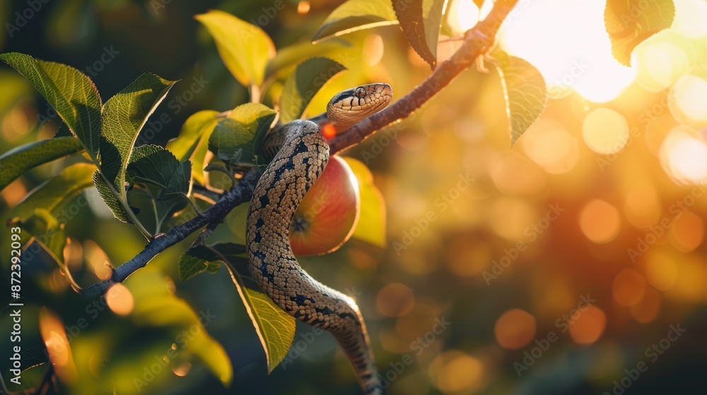 An old-fashioned snake clings to a tree branch. In the Bible. Old ...