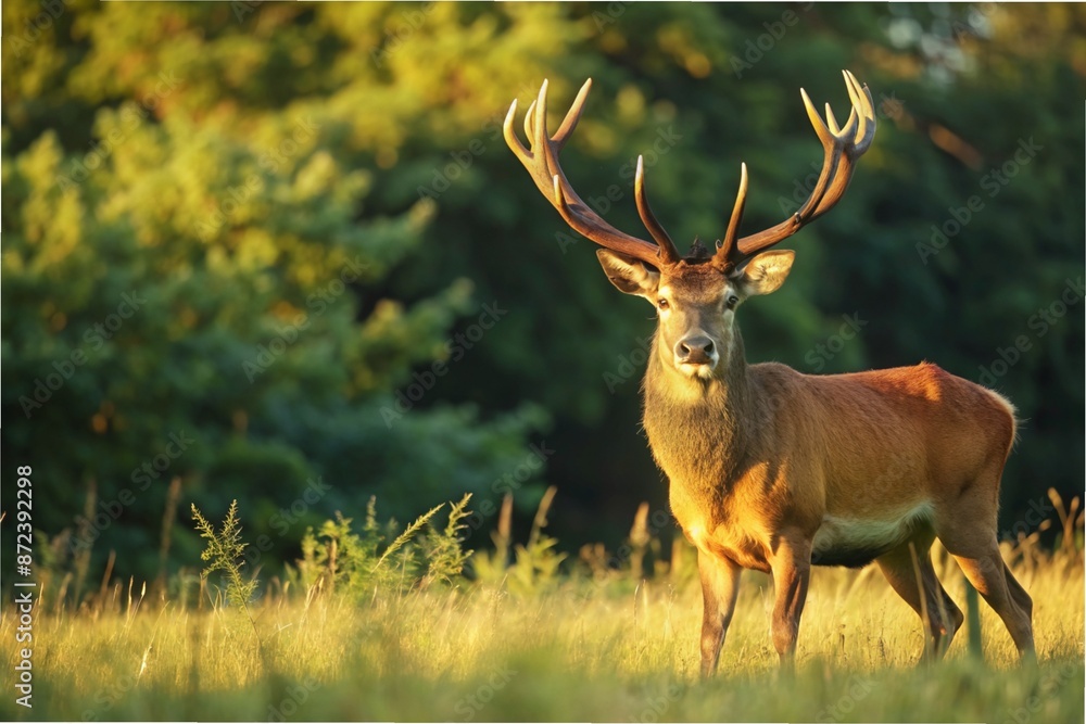 Sunlit red deer, cervus elaphus, stag with new antlers growing facing ...