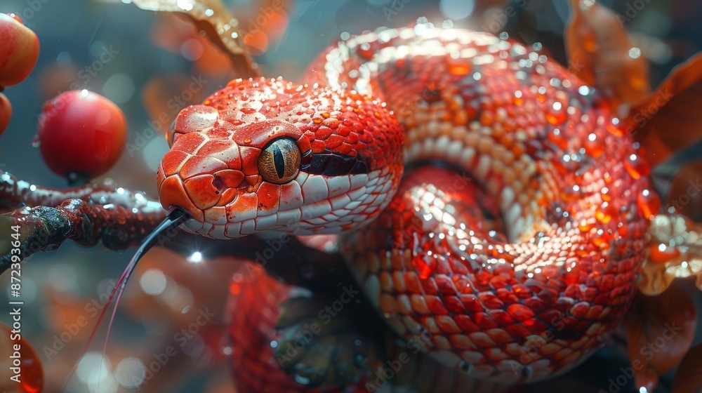 A snake and apple on a branch of a tree in the Old Testament. Creation ...