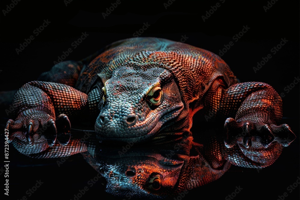 Mystic portrait of Komodo Dragon, full body view, isolated on black ...