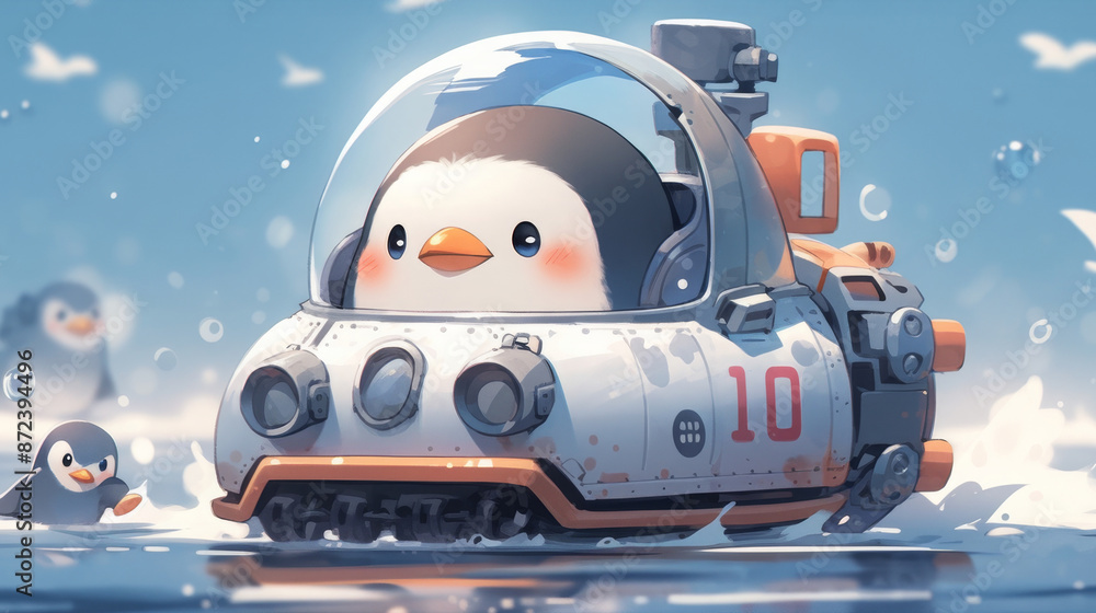 Cute penguin driving futuristic vehicle in arctic landscape, digital ...