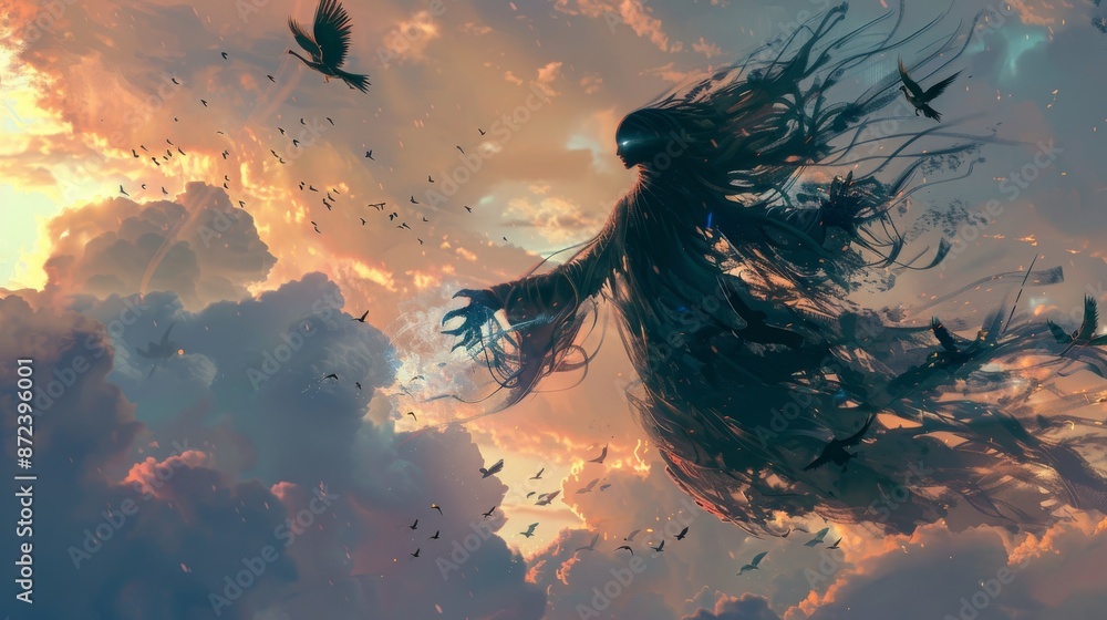 Illustration painting of a fight scene between a man with a magic ...